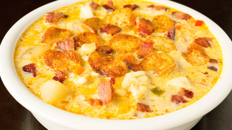 Corn & Crab Chowder with Mini Old Bay Chips